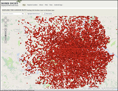 ロンドン大空襲でナチス・ドイツによって落とされた爆弾の位置をマッピングした「Bomb Sight - Mapping the World ...